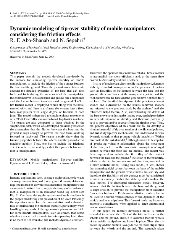 (PDF) Dynamic modeling of tip-over stability of mobile manipulators ...