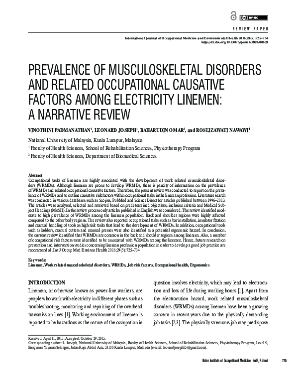 (PDF) Prevalence of musculoskeletal disorders and related occupational ...