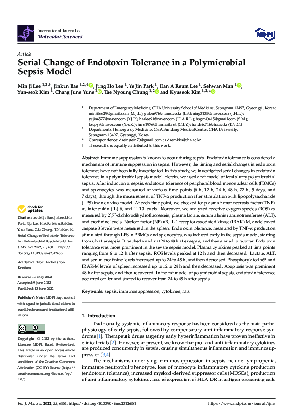 (PDF) Serial Change of Endotoxin Tolerance in a Polymicrobial Sepsis Model