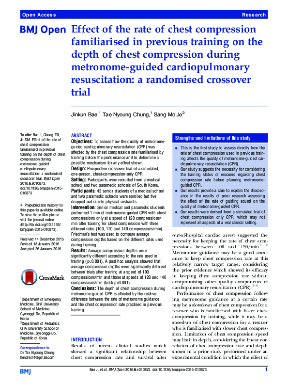 (PDF) Effect of the rate of chest compression familiarised in previous training on the depth of ...