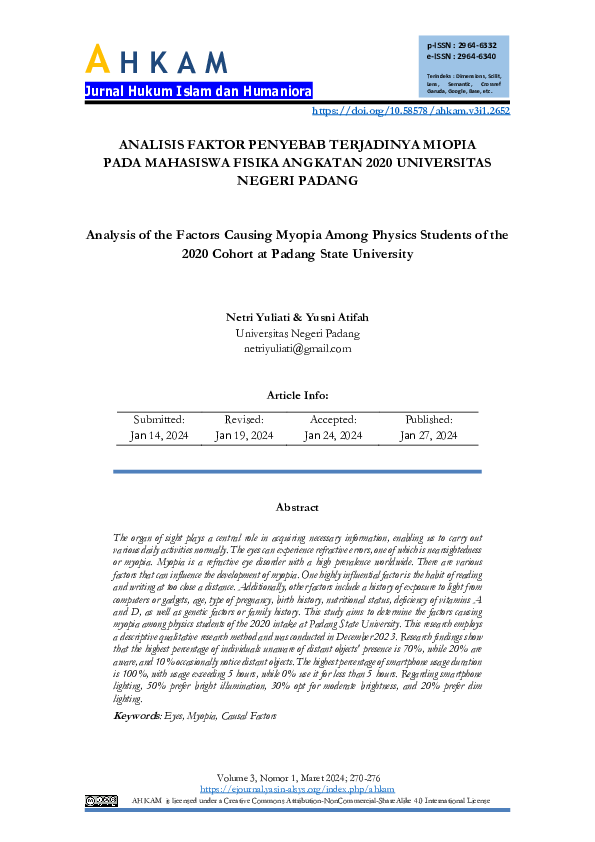 (PDF) Analisis Faktor Penyebab Terjadinya Miopia pada Mahasiswa Fisika Angkatan 2020 Universitas ...