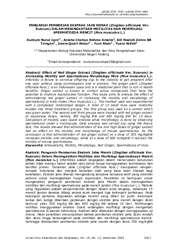 (PDF) PENGARUH PEMBERIAN EKSTRAK JAHE MERAH (Zingiber officinale Var ...