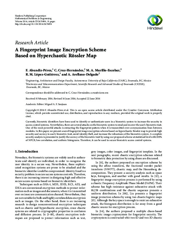 (PDF) A Fingerprint Image Encryption Scheme Based on Hyperchaotic Rössler Map