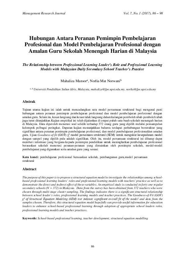(PDF) Hubungan Antara Peranan Pemimpin Pembelajaran Profesional dan ...