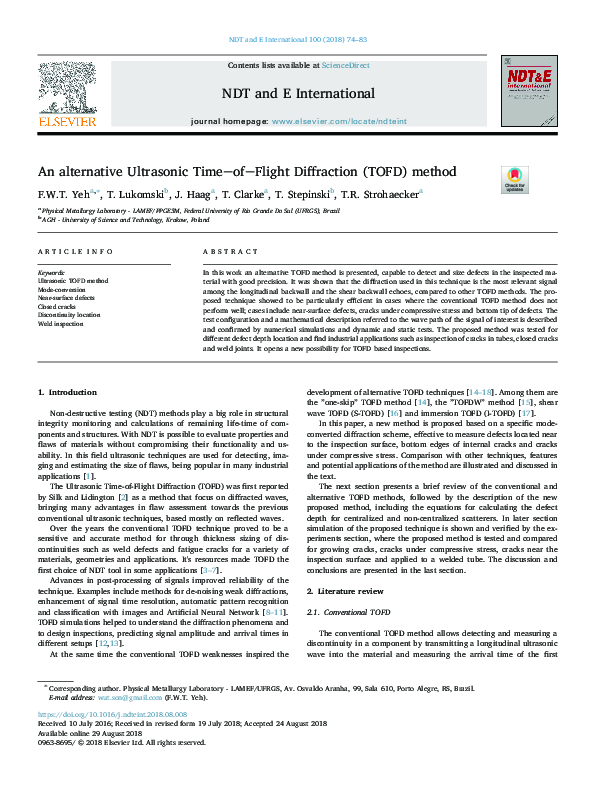 Pdf An Alternative Ultrasonic Time Of Flight Diffraction Tofd Method