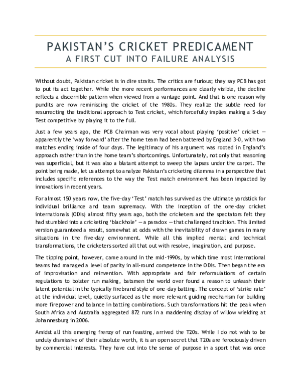 (PDF) PAKISTAN'S CRICKET PREDICAMENT: A FIRST-CUT INTO FAILURE ANALYSIS