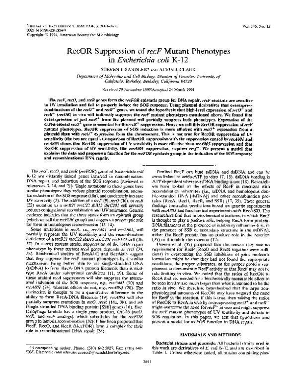 (PDF) RecOR suppression of recF mutant phenotypes in Escherichia coli K-12