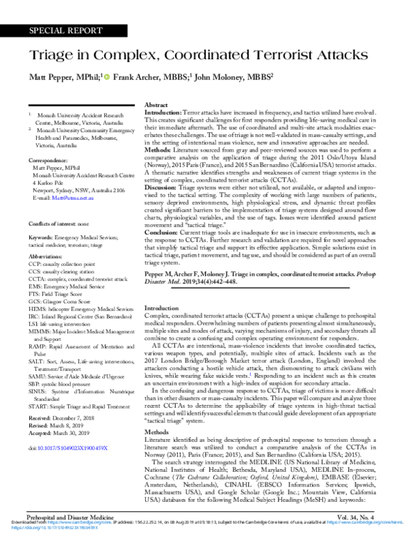 (PDF) Triage in Complex, Coordinated Terrorist Attacks