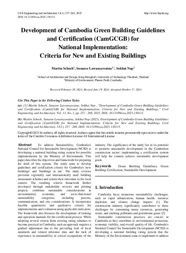 (PDF) Development of Cambodia Green Building Guidelines and Certification (CamGCGB) for National ...