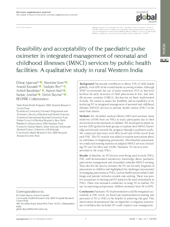 (PDF) Feasibility and acceptability of the paediatric pulse oximeter in ...