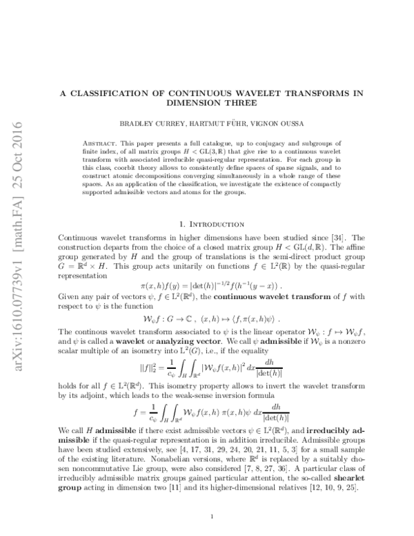 (PDF) A classification of continuous wavelet transforms in dimension three