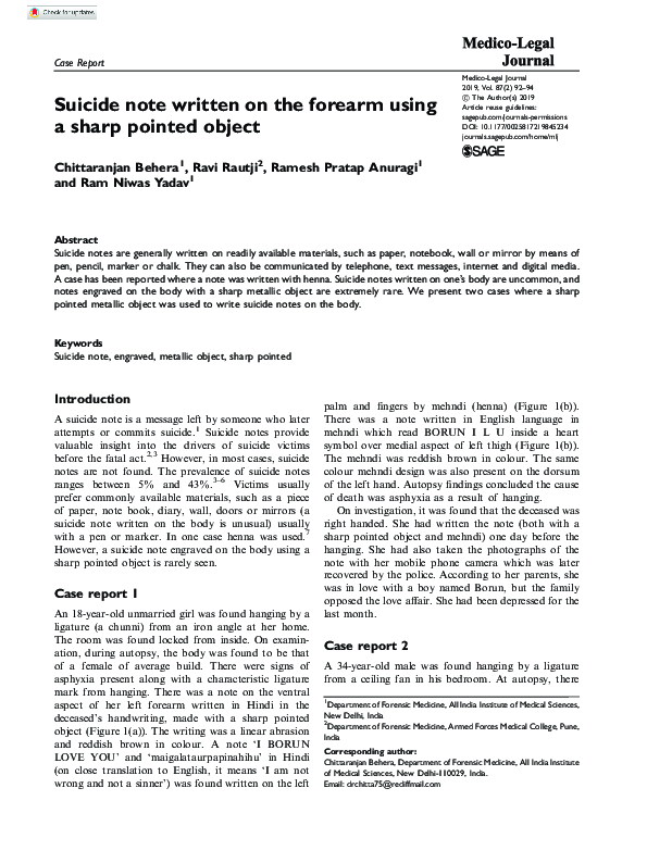 (PDF) Suicide note written on the forearm using a sharp pointed object