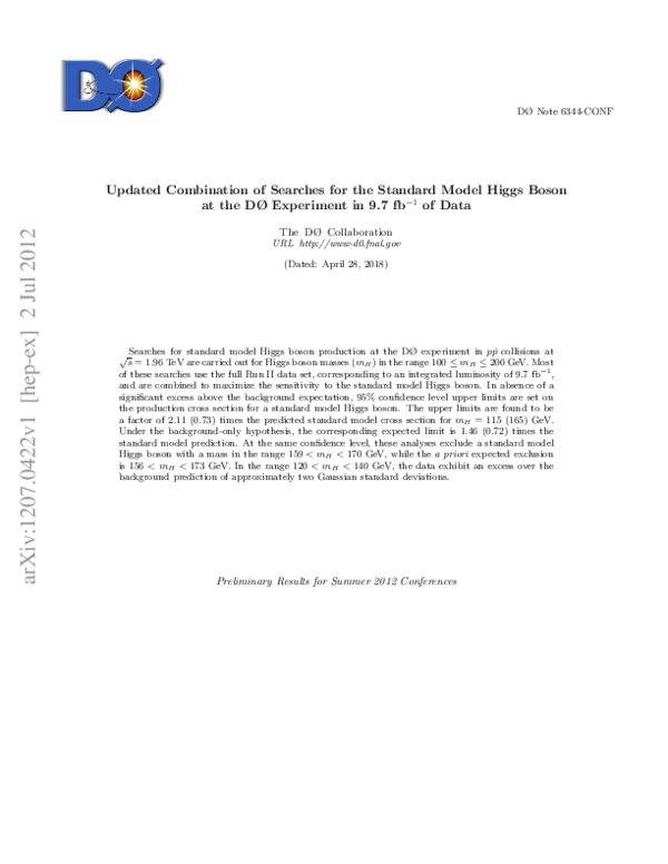 (PDF) Updated Combination of Searches for the Standard Model Higgs ...
