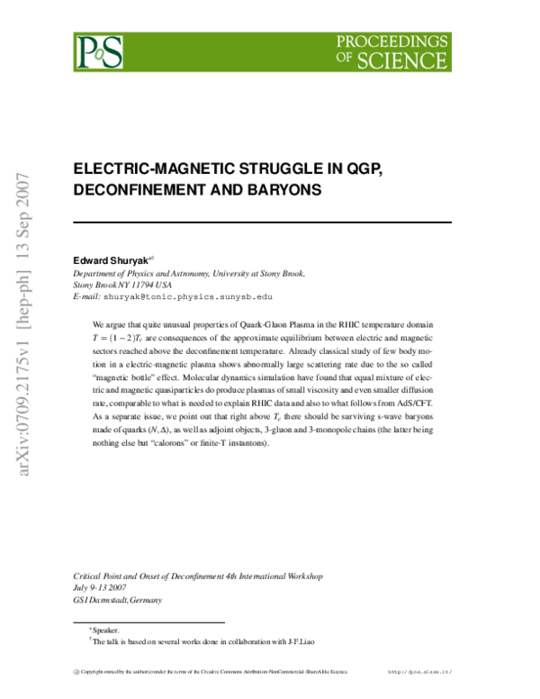 (PDF) Electric-Magnetic Struggle in QGP, Deconfinement and Baryons