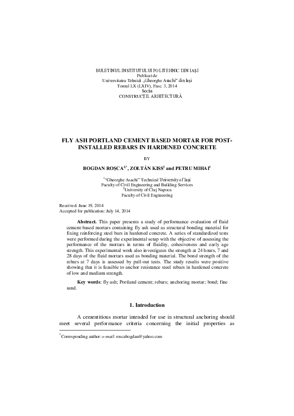 (PDF) Fly Ash Portland Cement Based Mortar for Post-Installed Rebars in ...