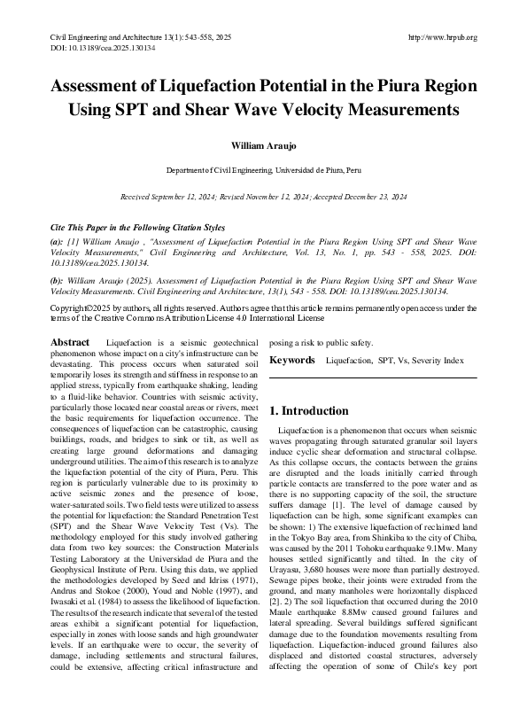 (PDF) Assessment of Liquefaction Potential in the Piura Region Using SPT and Shear Wave Velocity ...