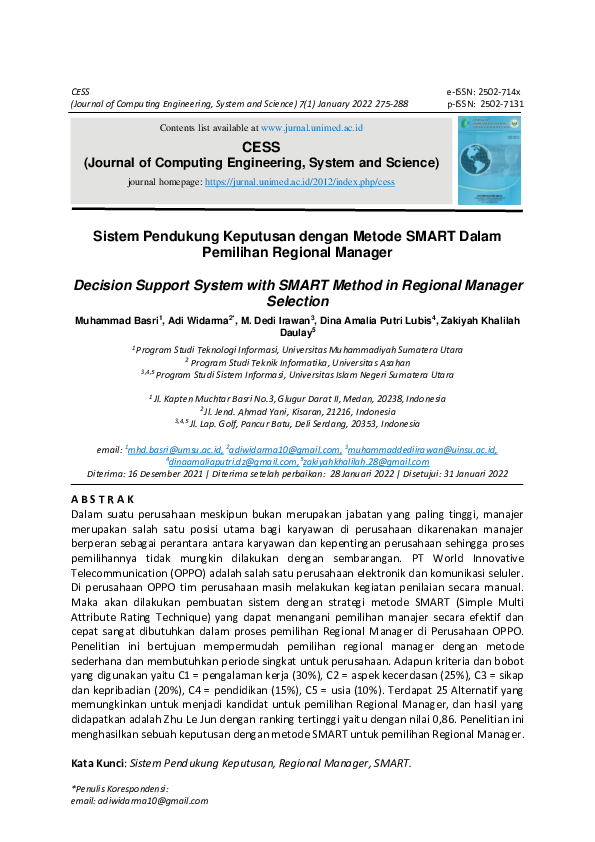 (PDF) Decision Support System with SMART Method in Regional Manager Selection