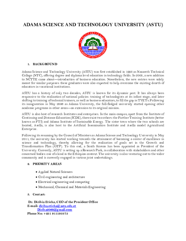 (PDF) ADAMA SCIENCE AND TECHNOLOGY UNIVERSITY (ASTU