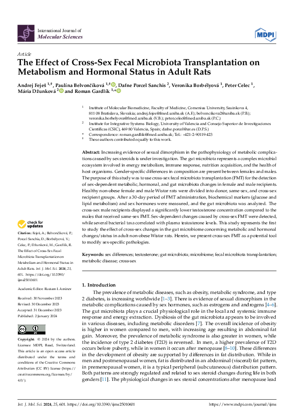 Pdf The Effect Of Cross Sex Fecal Microbiota Transplantation On Metabolism And Hormonal Status