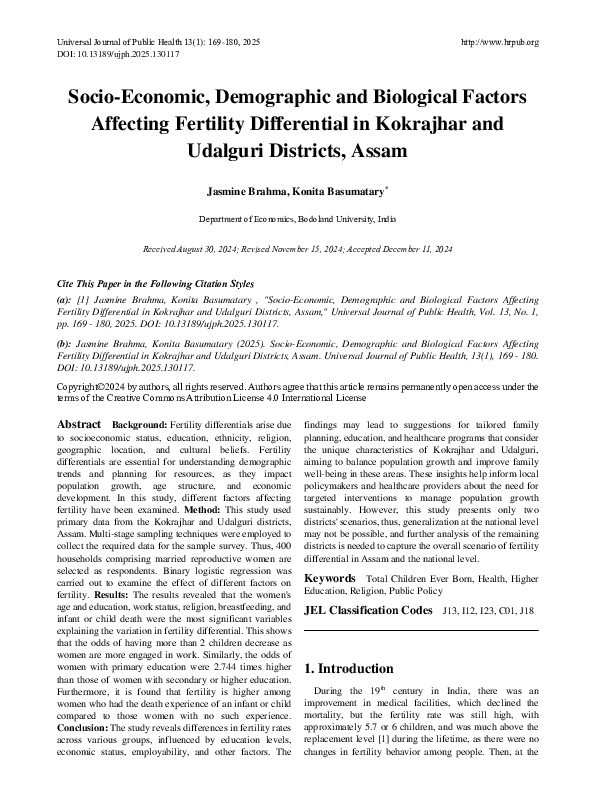 (PDF) Socio-Economic, Demographic and Biological Factors Affecting Fertility Differential in ...