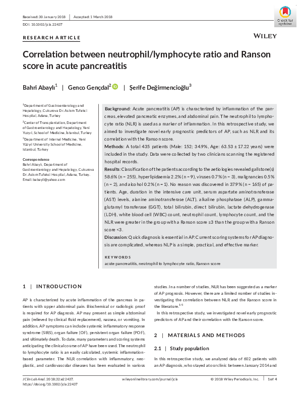 (PDF) Correlation between neutrophil/lymphocyte ratio and Ranson score ...