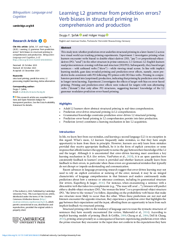 (PDF) Learning L2 grammar from prediction errors? Verb biases in structural priming in ...