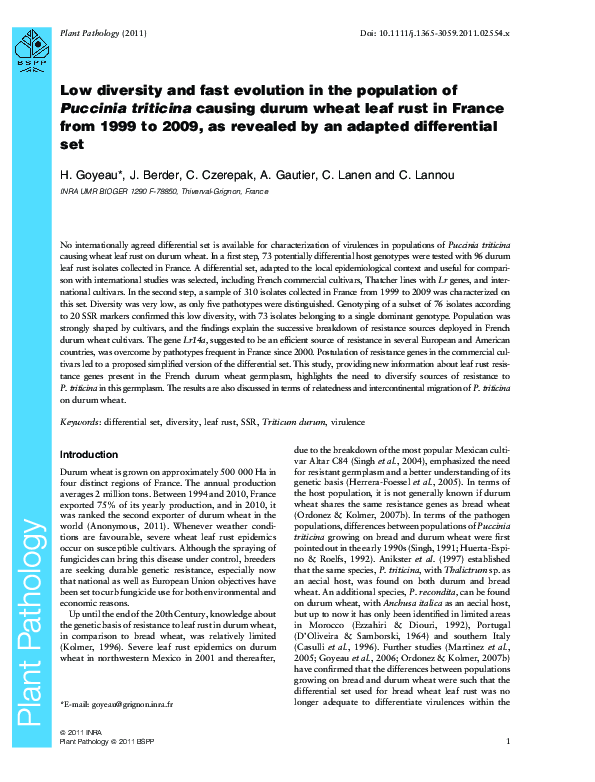 (PDF) Low diversity and fast evolution in the population of Puccinia ...