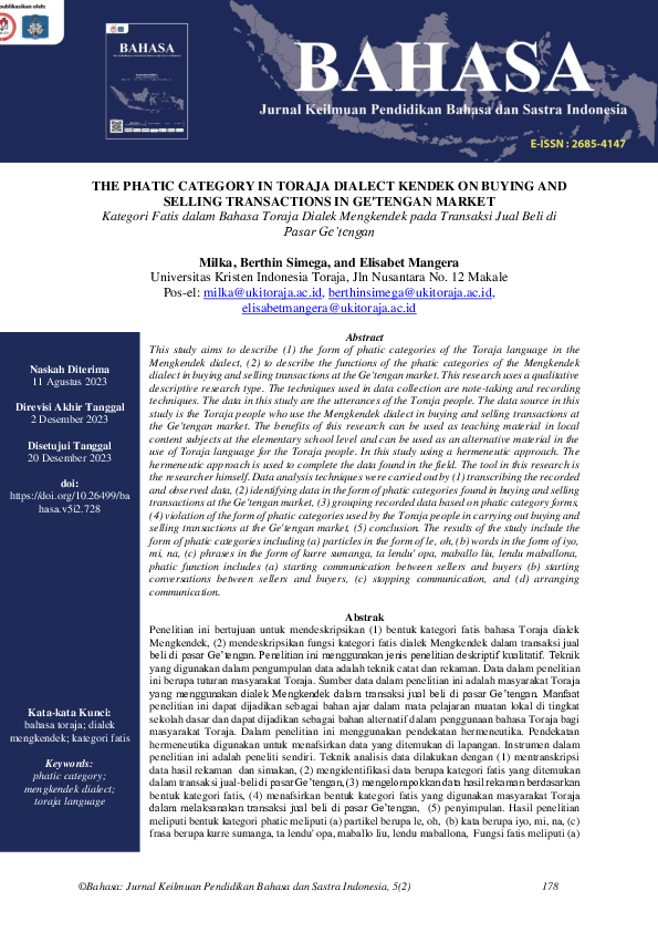 (PDF) The Phatic Category in Toraja Dialect Kendek on Buying and ...