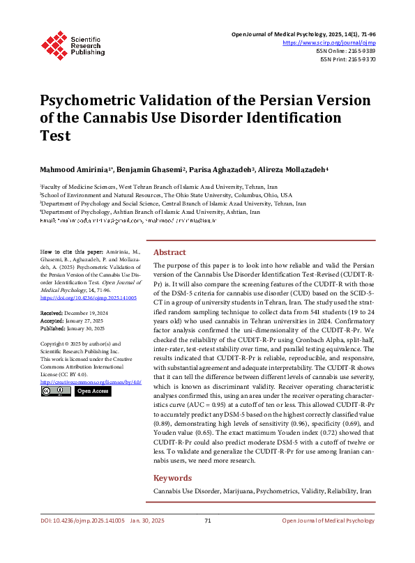 (PDF) Psychometric Validation of the Persian Version of the Cannabis ...