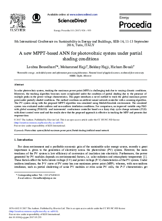 (PDF) A New MPPT-based ANN for Photovoltaic System under Partial ...
