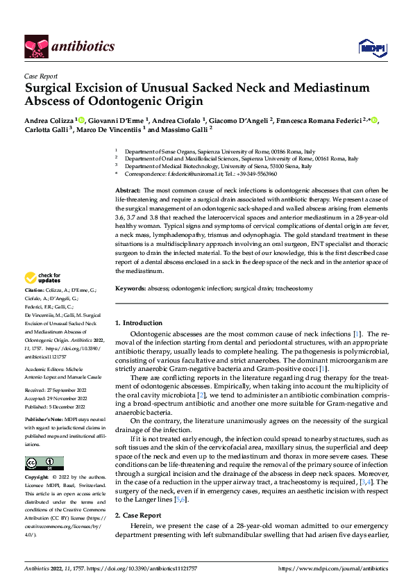 (PDF) Surgical Excision of Unusual Sacked Neck and Mediastinum Abscess ...