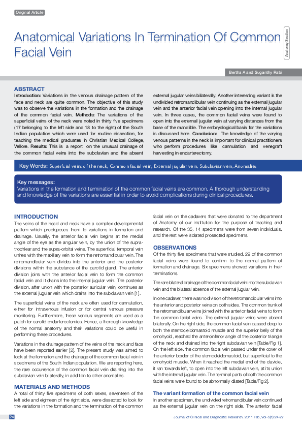 (PDF) Anatomical variations in termination of common facial vein