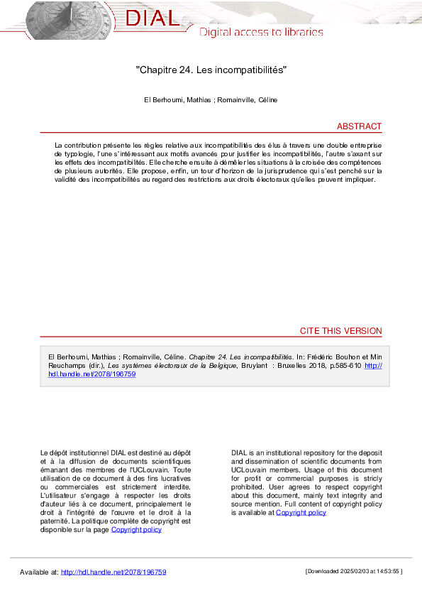 (PDF) Les incompatibilités (des systèmes électoraux de la Belgique)