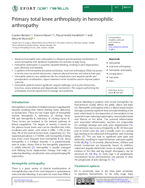 (PDF) Primary total knee arthroplasty in hemophilic arthropathy