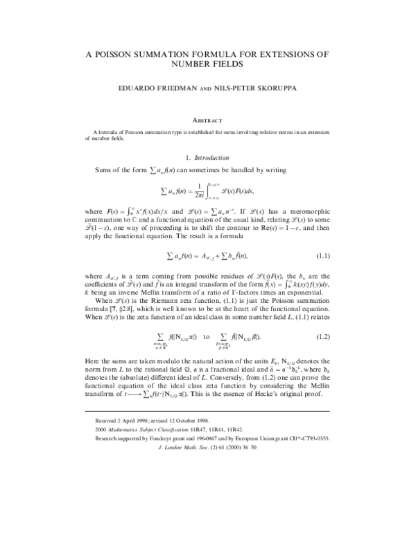 (PDF) A Poisson Summation Formula for Extensions of Number Fields