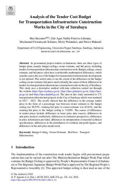 (PDF) Analysis of the Tender Cost Budget for Transportation ...