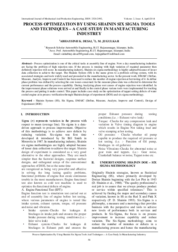 (PDF) PROCESS OPTIMIZATION BY USING SHAININ SIX SIGMA TOOLS AND ...