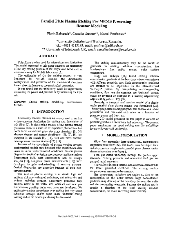 (PDF) Parallel Plate Plasma Etching For MEMS Processing-Reactor Modeling