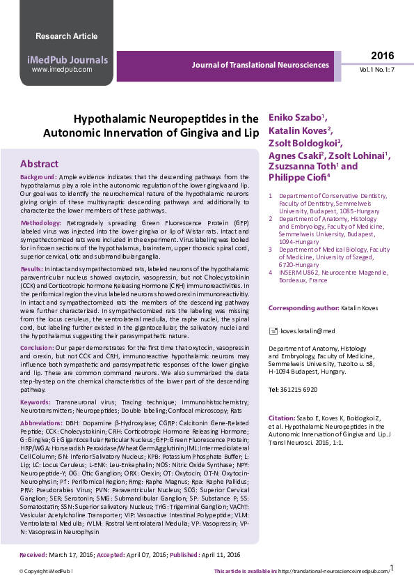 (PDF) Hypothalamic Neuropeptides in theAutonomic Innervation of Gingiva and Lip