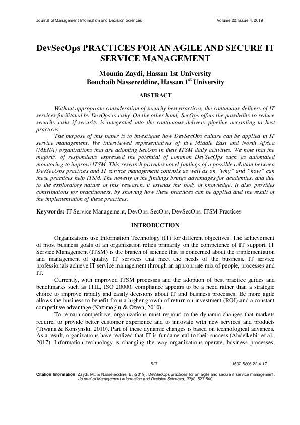 (PDF) DevSecOps PRACTICES FOR AN AGILE AND SECURE IT SERVICE MANAGEMENT