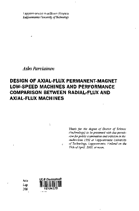 (PDF) Asko Parviainen DESIGN OF AXIAL-FLUX PERMANENT-MAGNET LOW-SPEED MACHINES AND PERFORMANCE ...