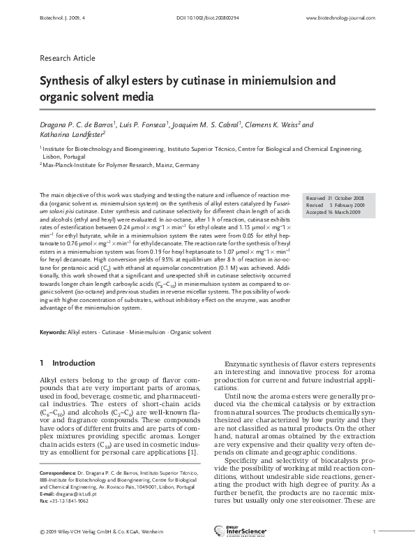 (PDF) Synthesis of alkyl esters by cutinase in miniemulsion and organic ...