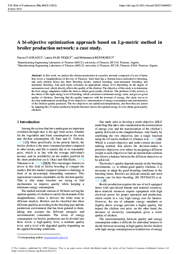 Pdf A Bi Objective Optimization Approach Based On Lp Metric Method In