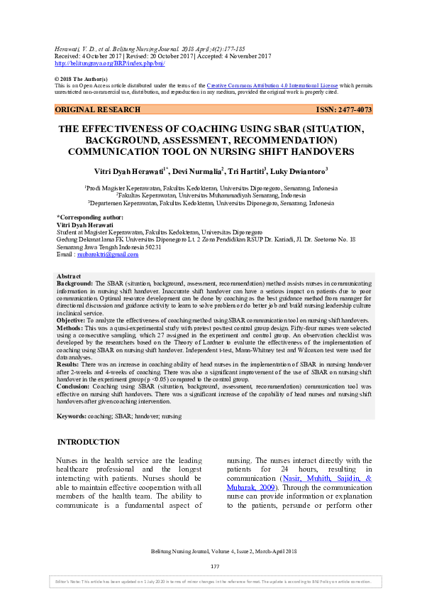 (PDF) The Effectiveness of Coaching Using Sbar (Situation, Background ...