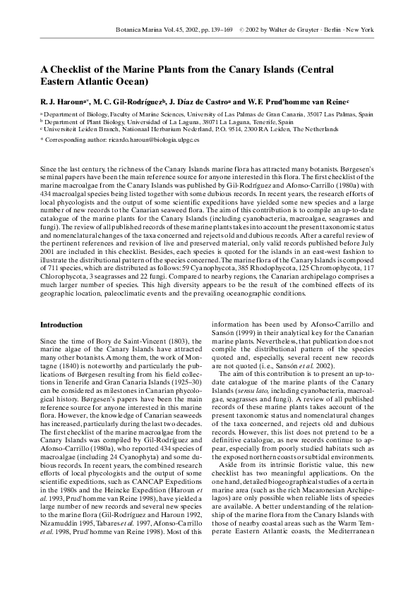 (PDF) A Checklist of the Marine Plants from the Canary Islands (Central ...