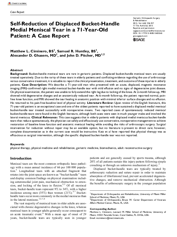(PDF) Self-Reduction of Displaced Bucket-Handle Medial Meniscal Tear in ...