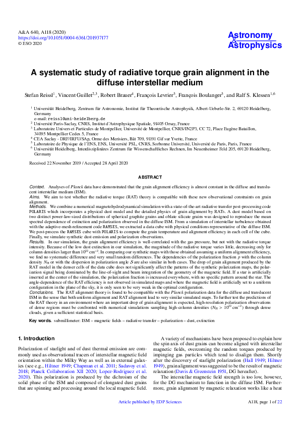 (PDF) A systematic study of radiative torque grain alignment in the diffuse interstellar medium