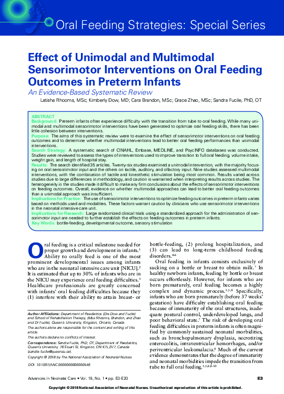 (PDF) Effect of Unimodal and Multimodal Sensorimotor Interventions on Oral Feeding Outcomes in ...