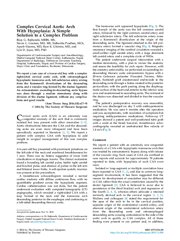 (PDF) Complex Cervical Aortic Arch With Hypoplasia: A Simple Solution ...