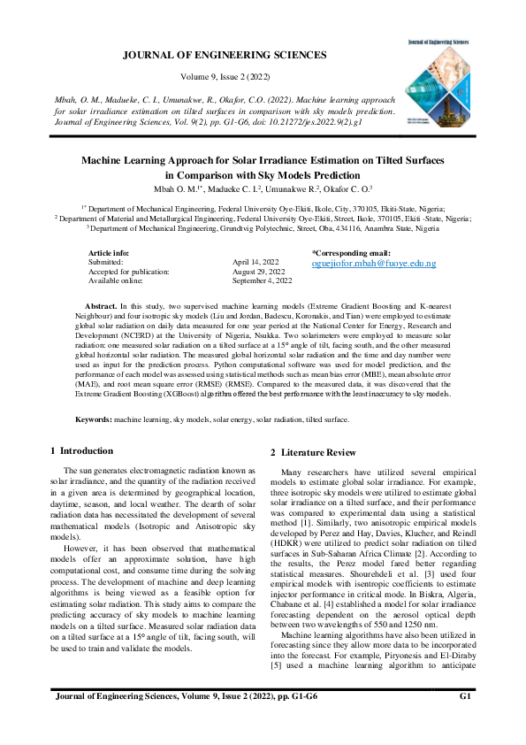 (PDF) Machine Learning Approach for Solar Irradiance Estimation on Tilted Surfaces in Comparison ...